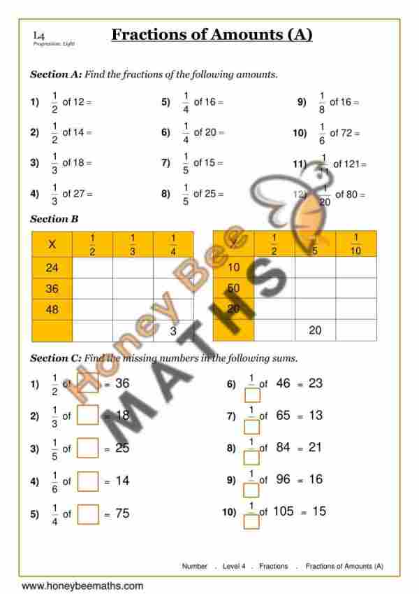 Year 7 Fractions Worksheets - Honey Bee Maths Worksheets